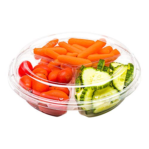 Thermo Tek Round Clear Plastic Serving Platter - with Lid, 3 Compartments - 7 1/2" x 7 1/2" x 2 1/2" - 100 count box - Restaurantware