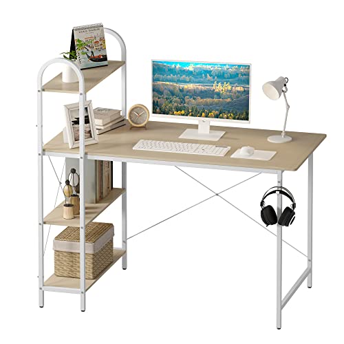 HOME BI Computer Desk with Storage Shelves 47 inch, Reversible Study Writing Table with Adjustable Bookshelf, Mordern Small Desk for Home,Office,Bedroom,White