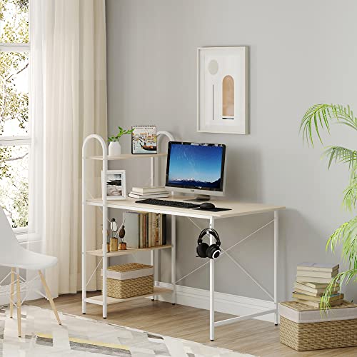 HOME BI Computer Desk with Storage Shelves 47 inch, Reversible Study Writing Table with Adjustable Bookshelf, Mordern Small Desk for Home,Office,Bedroom,White