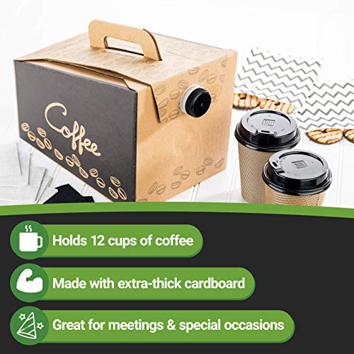 Cater Tek 96 Ounce Disposable Coffee Dispensers, 10 Insulated Coffee Take Out Containers - Built-In Handle, LeakResistant Cap, Kraft With Black Paper Coffee To Go Boxes, 12 x 7.5 x 8.5 Inch,