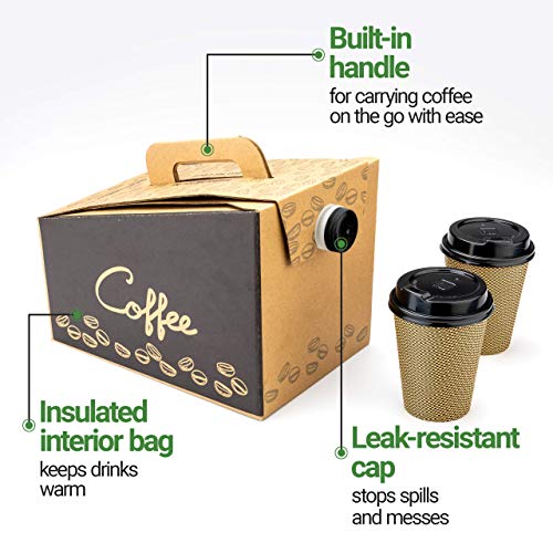 Cater Tek 96 Ounce Disposable Coffee Dispensers, 10 Insulated Coffee Take Out Containers - Built-In Handle, LeakResistant Cap, Kraft With Black Paper Coffee To Go Boxes, 12 x 7.5 x 8.5 Inch,