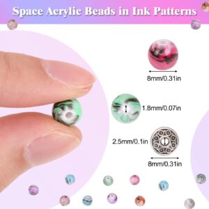 Quefe 500pcs Craft Beads for Jewelry Making, for Bracelets Making,Space Acrylic Beads in Ink Patterns with 50pcs Spacer Beads and Crystal String (8mm)