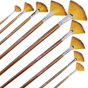 artist fan paint brushes set 9pcs - soft anti-shedding nylon hair wood long handle paint brush set for acrylic watercolor oil gouche painting