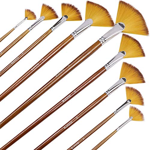 Artist Fan Paint Brushes Set 9pcs - Soft Anti-Shedding Nylon Hair Wood Long Handle Paint Brush Set for Acrylic Watercolor Oil Gouche Painting