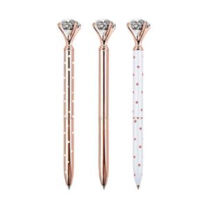 zztx 3pcs big crystal diamond ballpoint pen bling metal ballpoint pen office supplies, rose gold/white with rose polka dots/rose gold with white polka dots, includes 3 pen refills