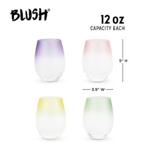 Blush Frosted Ombre Stemless Wine Glasses in Pink, Purple, Yellow, and Green, Colorful 12 Oz Set of 4