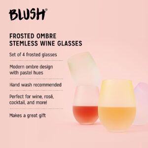 Blush Frosted Ombre Stemless Wine Glasses in Pink, Purple, Yellow, and Green, Colorful 12 Oz Set of 4