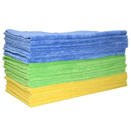 POLYTE Microfiber Cleaning Towel Ultrasonic Cut Edgeless (16x16, 24 Pack, Premium, Blue,Green,Yellow)