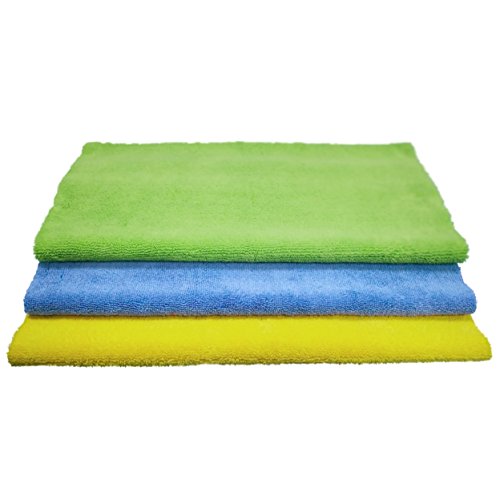 POLYTE Microfiber Cleaning Towel Ultrasonic Cut Edgeless (16x16, 24 Pack, Premium, Blue,Green,Yellow)