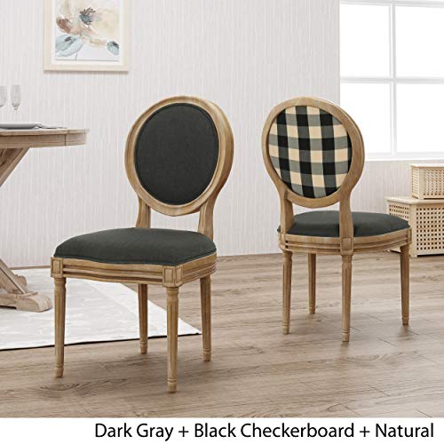 Christopher Knight Home Reed Upholstered Farmhouse Dining Chairs, (Set of 2), Dark Gray + Black Checkerboard + Natural