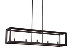 jonathan y jyl7414a anna 38.5" linear 5-light metal/glass led pendant contemporary transitional traditional dimmable dining room living room kitchen foyer bedroom hallway, oil rubbed bronze/clear