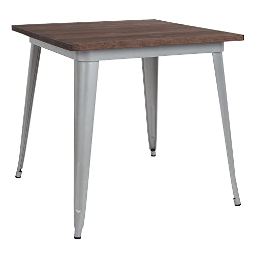 Flash Furniture Toby 31.5" Square Silver Metal Indoor Table with Walnut Rustic Wood Top