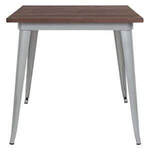 Flash Furniture Toby 31.5" Square Silver Metal Indoor Table with Walnut Rustic Wood Top