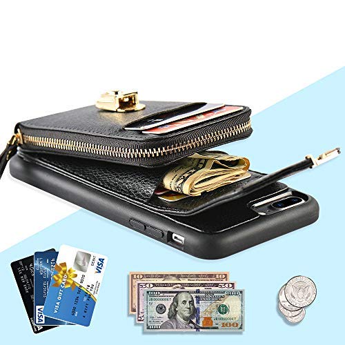 JLFCH iPhone 8 Plus Wallet Case, iPhone 7 Plus Zipper Wallet Case with Card Slot Holder Leather Handbag Buckle Detachable Wrist Strap Long Crossbody Strap Purse for iPhone 7/8 Plus 5.5 - Black