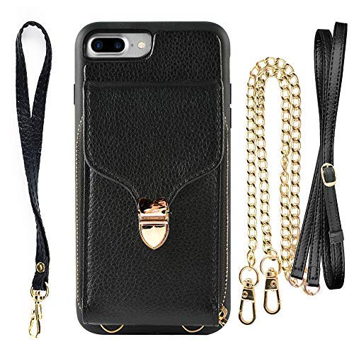 JLFCH iPhone 8 Plus Wallet Case, iPhone 7 Plus Zipper Wallet Case with Card Slot Holder Leather Handbag Buckle Detachable Wrist Strap Long Crossbody Strap Purse for iPhone 7/8 Plus 5.5 - Black