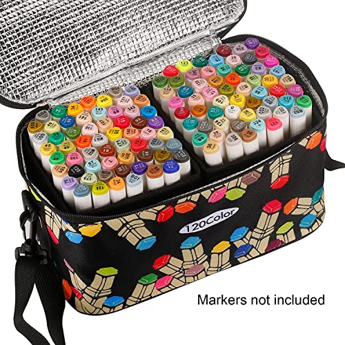 Toprema New Marker Pen Case Holder for 120 Markers Organizer Multifunctional Zipper Storage Carrying Bag with Pattern Black