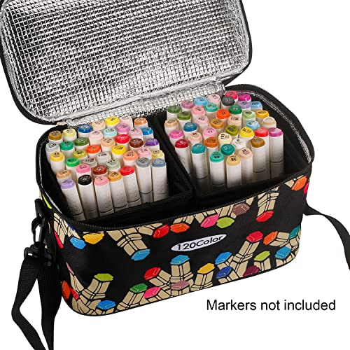 Toprema New Marker Pen Case Holder for 120 Markers Organizer Multifunctional Zipper Storage Carrying Bag with Pattern Black