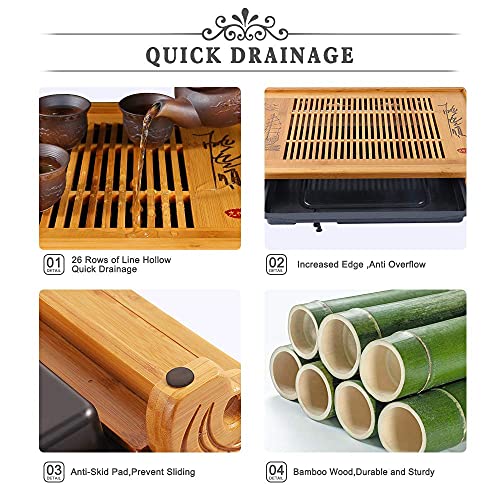 Ufine Bamboo Tea Tray 19.7 inch Large Tea Serving Tray with Water Storage Drainage Chinese Gongfu Tea Table Gift Set Home Office