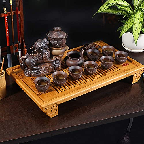 Ufine Bamboo Tea Tray 19.7 inch Large Tea Serving Tray with Water Storage Drainage Chinese Gongfu Tea Table Gift Set Home Office