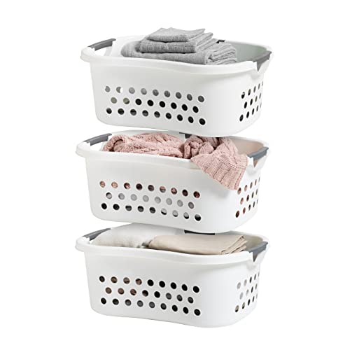 IRIS USA 48L Plastic Hip Hold Laundry Basket Hamper Organizer with Built-In Comfort Carry Handles, 1.3 Bushel, for Closet, Dorm, Laundry Room, Bedroom, Nestable, Ventilation Hole, 3 Pack, Large, White