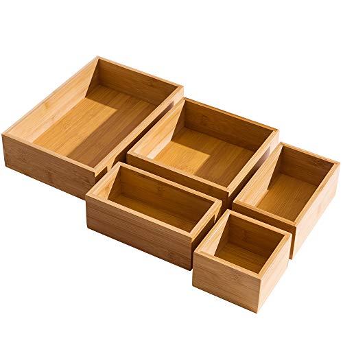 FILWH 5 Piece Bamboo Drawer Organizer Set, Luxury Wooden Desk Storage Box Kit, Multi-use Junk Drawer Organizer for Office, Kitchen, Bedroom, Children Room, Craft, Sewing