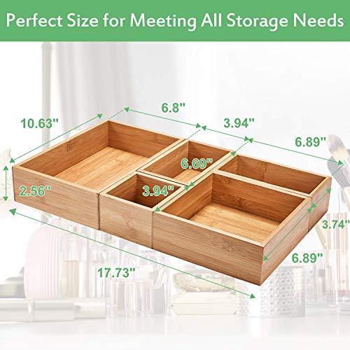 FILWH 5 Piece Bamboo Drawer Organizer Set, Luxury Wooden Desk Storage Box Kit, Multi-use Junk Drawer Organizer for Office, Kitchen, Bedroom, Children Room, Craft, Sewing