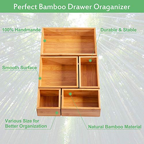 FILWH 5 Piece Bamboo Drawer Organizer Set, Luxury Wooden Desk Storage Box Kit, Multi-use Junk Drawer Organizer for Office, Kitchen, Bedroom, Children Room, Craft, Sewing