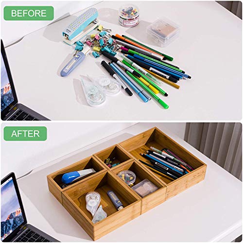 FILWH 5 Piece Bamboo Drawer Organizer Set, Luxury Wooden Desk Storage Box Kit, Multi-use Junk Drawer Organizer for Office, Kitchen, Bedroom, Children Room, Craft, Sewing