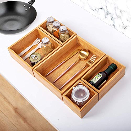 FILWH 5 Piece Bamboo Drawer Organizer Set, Luxury Wooden Desk Storage Box Kit, Multi-use Junk Drawer Organizer for Office, Kitchen, Bedroom, Children Room, Craft, Sewing