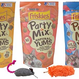 Friskies Party Mix Naturals Treats for Cats 3 Flavor Variety Bundle with 2 Toys, (1) Each: Chicken, Salmon, Tuna (2.1 Ounces)