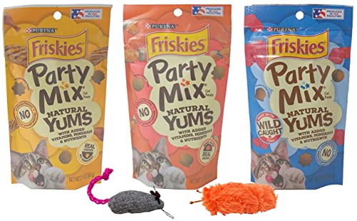 Friskies Party Mix Naturals Treats for Cats 3 Flavor Variety Bundle with 2 Toys, (1) Each: Chicken, Salmon, Tuna (2.1 Ounces)