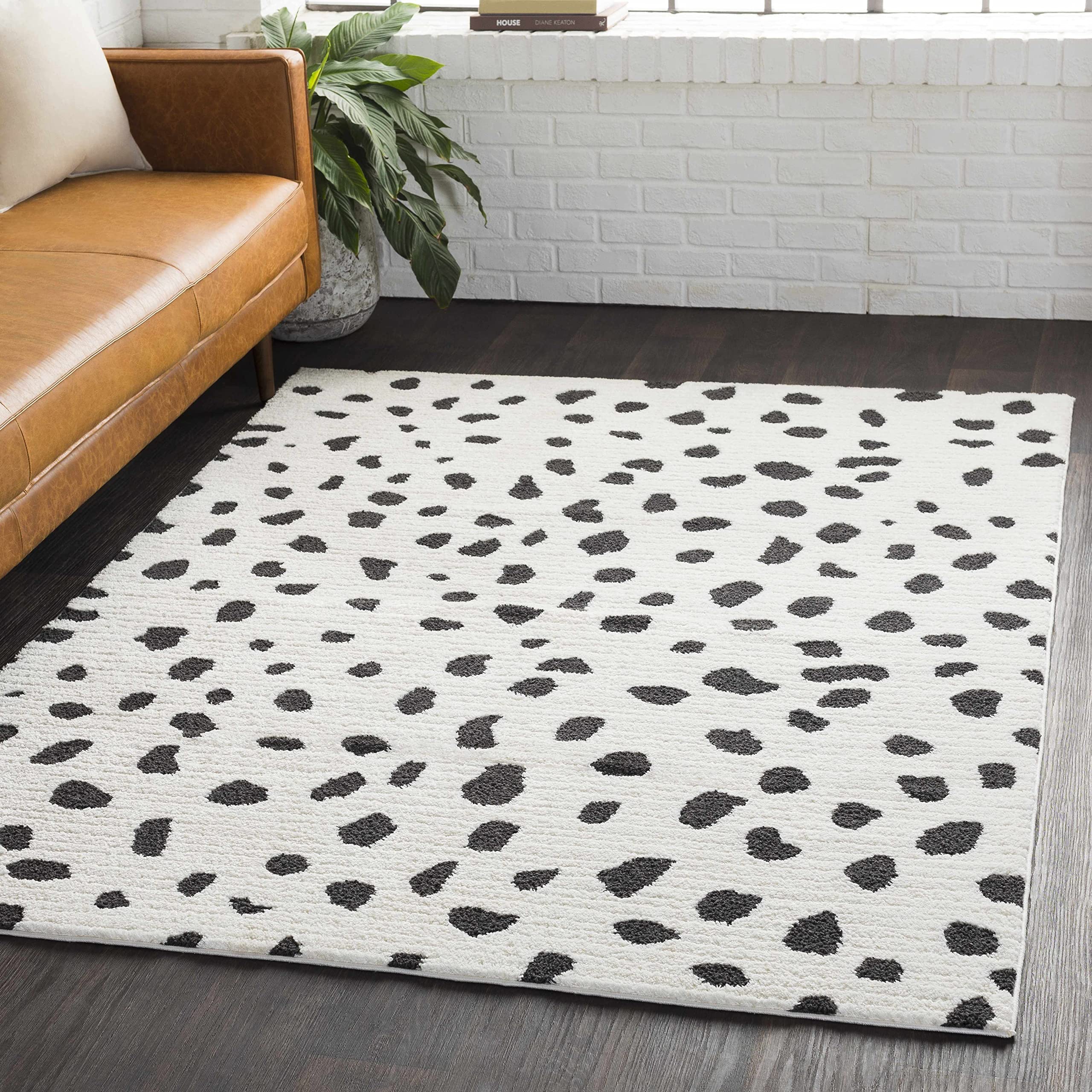 Hauteloom Tariffville Dalmation Spotted Living Room Bedroom Nursery Area Rug - Animal Print Dalmatian Style - Boho Polka Dot - High Pile Shag - Black, White - 5'3" x 7'3"