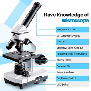 Microscope for Adults Kids Students 100-2000x Powerful Biological Educational Microscopes with Operation Accessories (10p), Slides Set (15p), Phone Adapter, Wire Shutter & Backpack