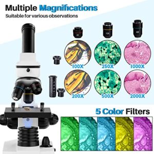 Microscope for Adults Kids Students 100-2000x Powerful Biological Educational Microscopes with Operation Accessories (10p), Slides Set (15p), Phone Adapter, Wire Shutter & Backpack