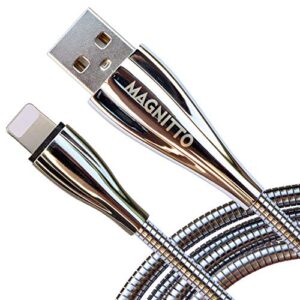 magnitto metal braided cord, usb charging cable, stainless steel, strong durable wire, tangle free, data sync high speed 3.3ft, silver charger cable