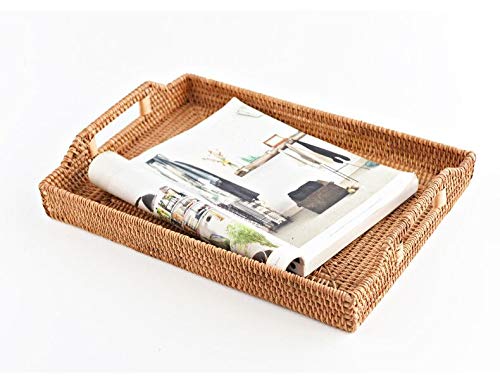 Hand-Woven Rattan Rectangular Serving Tray with Handles for Breakfast, Drinks, Snack for Coffee Table (17x11.4x1.8inches)