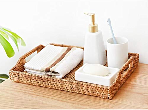 Hand-Woven Rattan Rectangular Serving Tray with Handles for Breakfast, Drinks, Snack for Coffee Table (17x11.4x1.8inches)