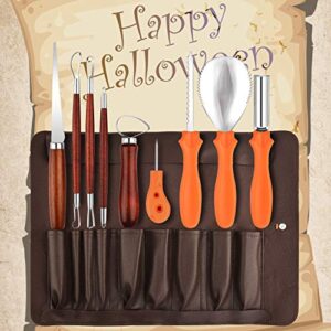 MeiGuiSha 10 Pieces Professional Wooden Pumpkin Carving Tools Kit Kit-13 Cuts, Scoops, Scrapers, Saws, Loops, Knives with Reusable PU Case Set, Knives with Reusable PU Case Set