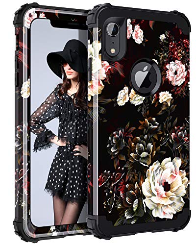 LONTECT for iPhone XR 2018 Case Floral 3 in 1 Heavy Duty Hybrid Sturdy High Impact Shockproof Rugged Durable Protective Cover Case for Apple iPhone XR 6.1, White Flower/Black