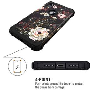 LONTECT for iPhone XR 2018 Case Floral 3 in 1 Heavy Duty Hybrid Sturdy High Impact Shockproof Rugged Durable Protective Cover Case for Apple iPhone XR 6.1, White Flower/Black