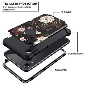 LONTECT for iPhone XR 2018 Case Floral 3 in 1 Heavy Duty Hybrid Sturdy High Impact Shockproof Rugged Durable Protective Cover Case for Apple iPhone XR 6.1, White Flower/Black