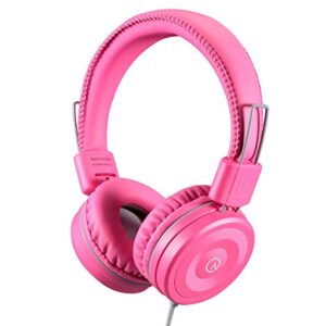 kids headphones-noot products k22 foldable stereo tangle-free 5ft long cord 3.5mm jack plugin wired on-ear headset for ipad/amazonkindle,fire/girls/boys/school/laptop/travel/plane/tablet flamingopink