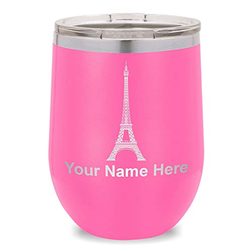 SkunkWerkz Wine Glass Tumbler, Eiffel Tower, Personalized Engraving Included (Pink)