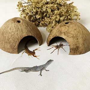 PINVNBY Natural Coconut Reptile Hideouts Lizard Coco Hut Hermit Crab Hut Aquarium Fish Hide Cave Spider Snail Climber Toys (2 Packs)