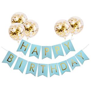 tellpet light blue happy birthday banner with 5 pcs gold confetti balloons