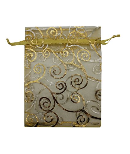 Ankirol Sheer Organza Favor Bags 6x8 inch for Wedding Baby Shower 100 pack Gift Bags Samples Display Drawstring Pouches (Gold Swirl)