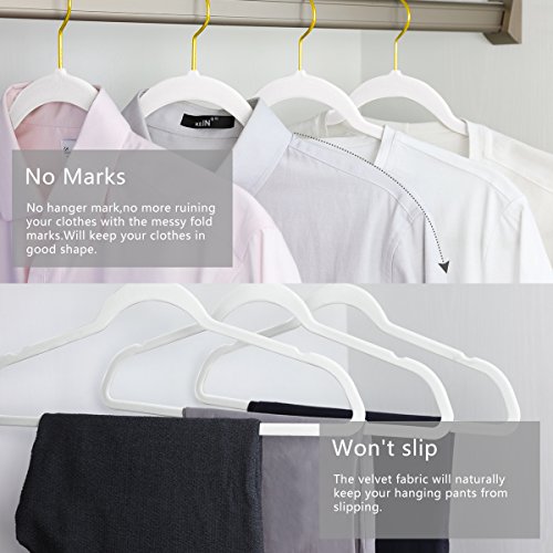 MIZGI Premium Velvet Hangers Pack 50 Pcs Heavy Duty - Non Slip Slimline - Velvet Suit Hangers White - Gold Hooks,Space Saving Clothes Hangers