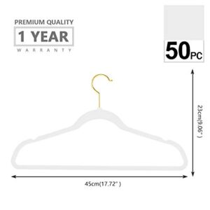 MIZGI Premium Velvet Hangers Pack 50 Pcs Heavy Duty - Non Slip Slimline - Velvet Suit Hangers White - Gold Hooks,Space Saving Clothes Hangers