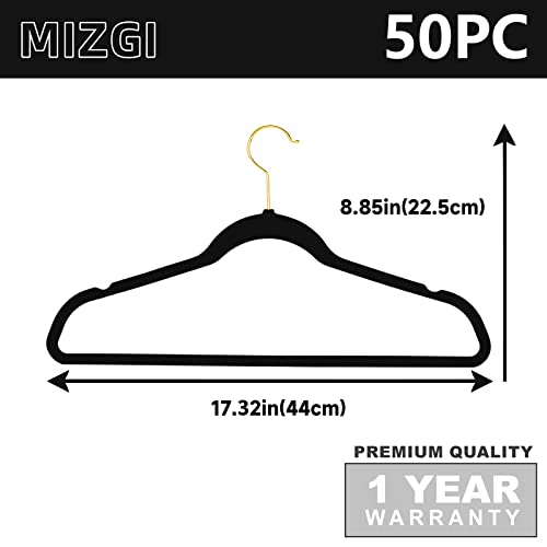 MIZGI Premium Velvet Hangers Pack 50 Pcs Heavy Duty - Non Slip Slimline - Velvet Suit Hangers Black - Gold Hooks,Space Saving Clothes Hangers …