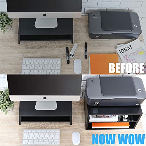 FITUEYES Printer Stands with Storage, Desktop Office Printer Riser Shelf with 3 compartments, 2-Tier Wood Paper Desk Organizers for Home Workspace, Black, DO304001WB